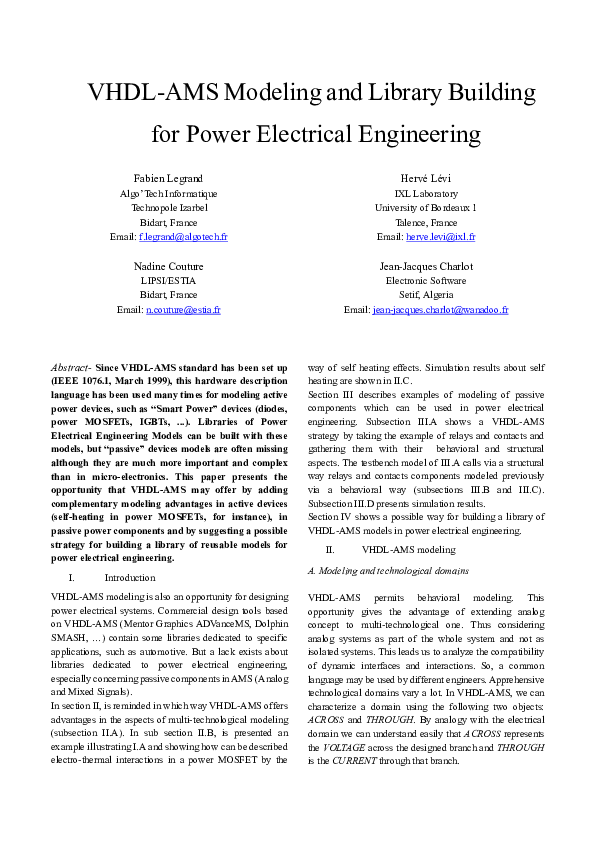 Pdf Vhdl Ams Modeling And Library Building For Power Electrical Engineering