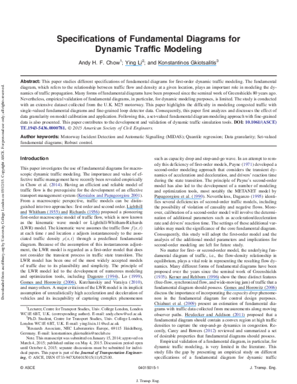 (PDF) Specifications of Fundamental Diagrams for Dynamic Traffic Modeling