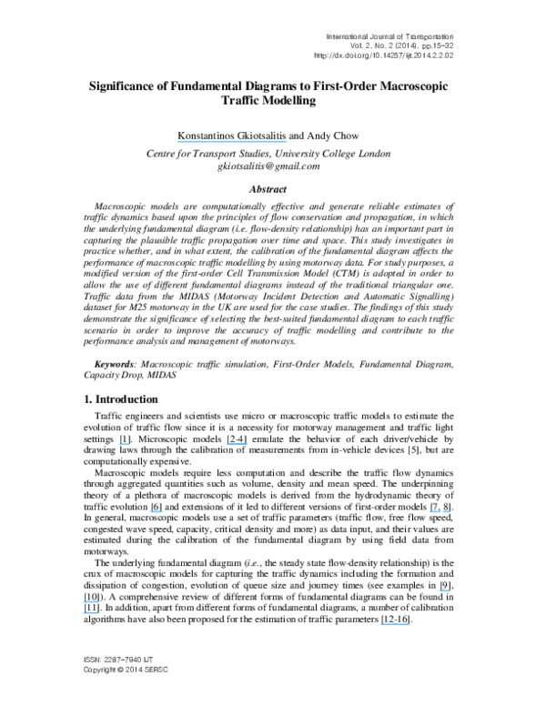 (PDF) Significance of Fundamental Diagrams to First-Order Macroscopic Traffic Modelling
