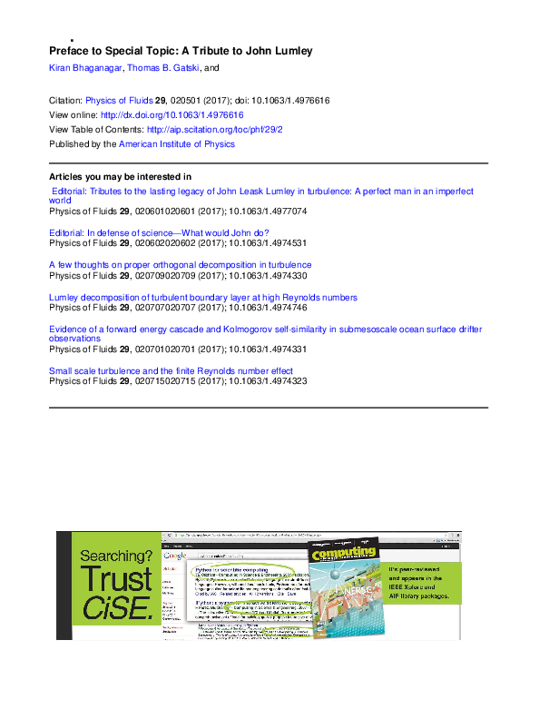 (PDF) Preface to Special Topic: A Tribute to John Lumley