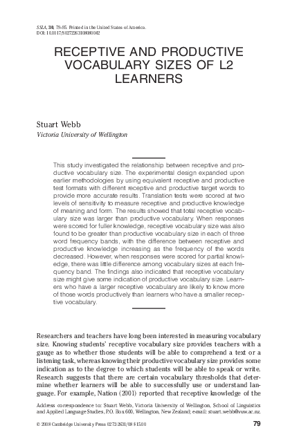 (PDF) RECEPTIVE AND PRODUCTIVE VOCABULARY SIZES OF L2 LEARNERS