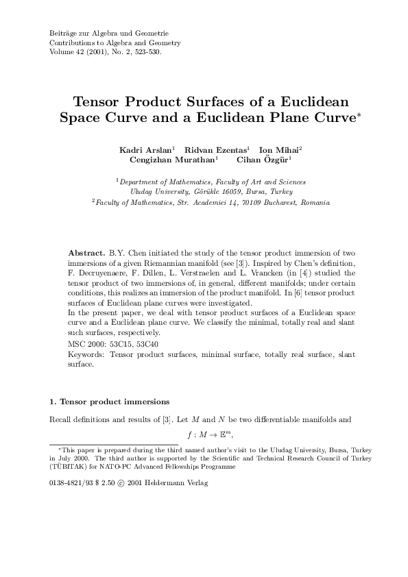 Pdf Tensor Product Surfaces Of A Euclidean Space Curve And A