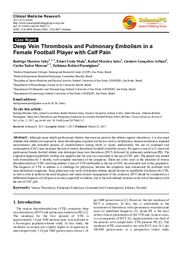 (PDF) Deep Vein Thrombosis and Pulmonary Embolism in a Female Football ...