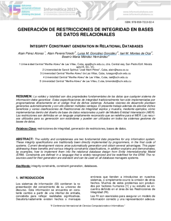 (PDF) Generación De Restricciones De Integridad en Bases De Datos Relacionales. Integrity ...