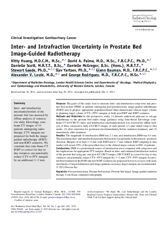 (PDF) Inter and Intrafraction Uncertainty in Prostate Bed Image-Guided ...