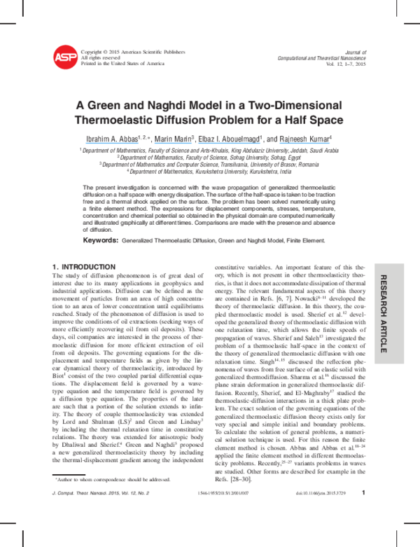 Pdf A Green And Naghdi Model In A Two Dimensional Thermoelastic Diffusion Problem For A Half Space