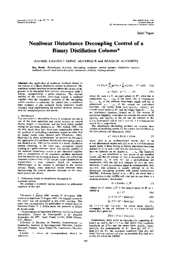 Pdf Nonlinear Disturbance Decoupling Control Of A Binary Distillation Column 