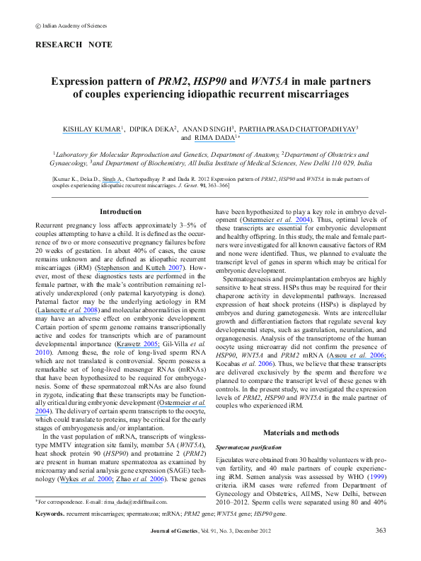 (PDF) Expression pattern of PRM2, HSP90 and WNT5A in male partners of couples experiencing ...