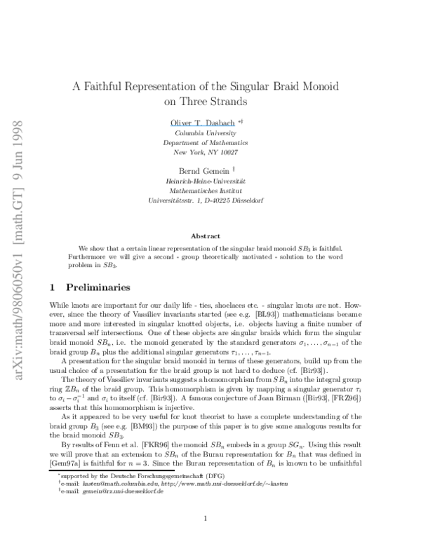 (PDF) A Faithful Representation of the Singular Braid Monoid on Three ...