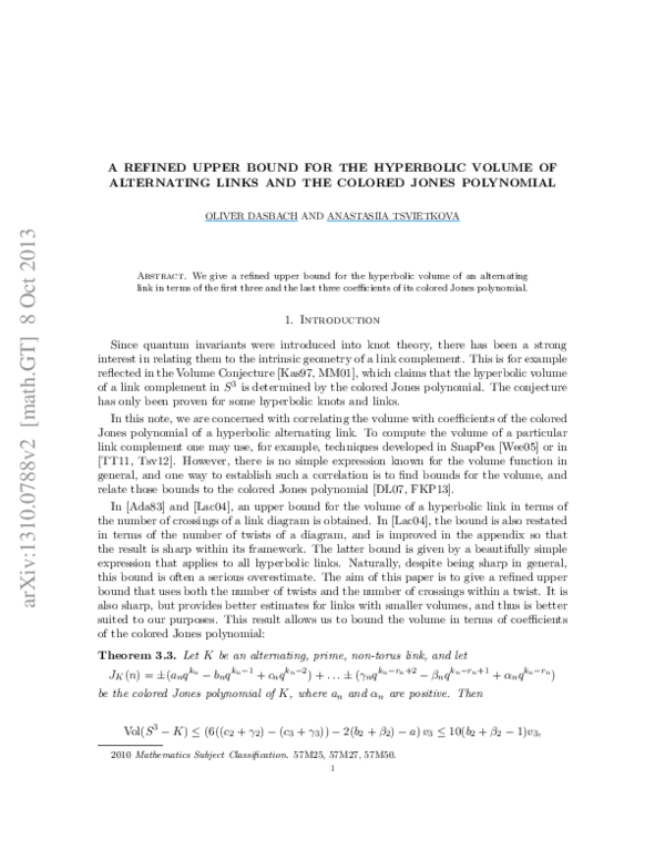 (PDF) A refined upper bound for the hyperbolic volume of alternating ...