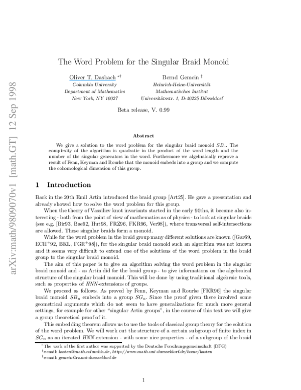 (PDF) The word problem for the singular braid monoid | Oliver Dasbach - Academia.edu