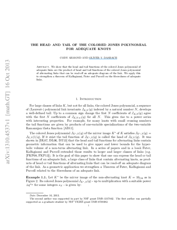 (PDF) The head and tail of the colored Jones polynomial for adequate knots