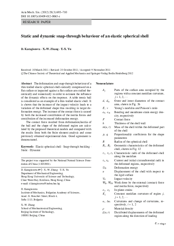 Pdf Static And Dynamic Snap Through Behaviour Of An Elastic Spherical
