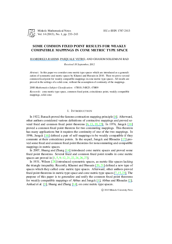 Pdf Some Common Fixed Point Results For Weakly Compatible Mappings In