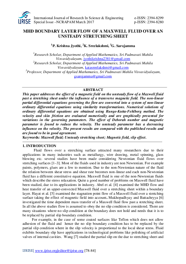 (PDF) MHD BOUNDARY LAYER FLOW OF A MAXWELL FLUID OVER AN UNSTEADY STRETCHING SHEET | IJRISE ...