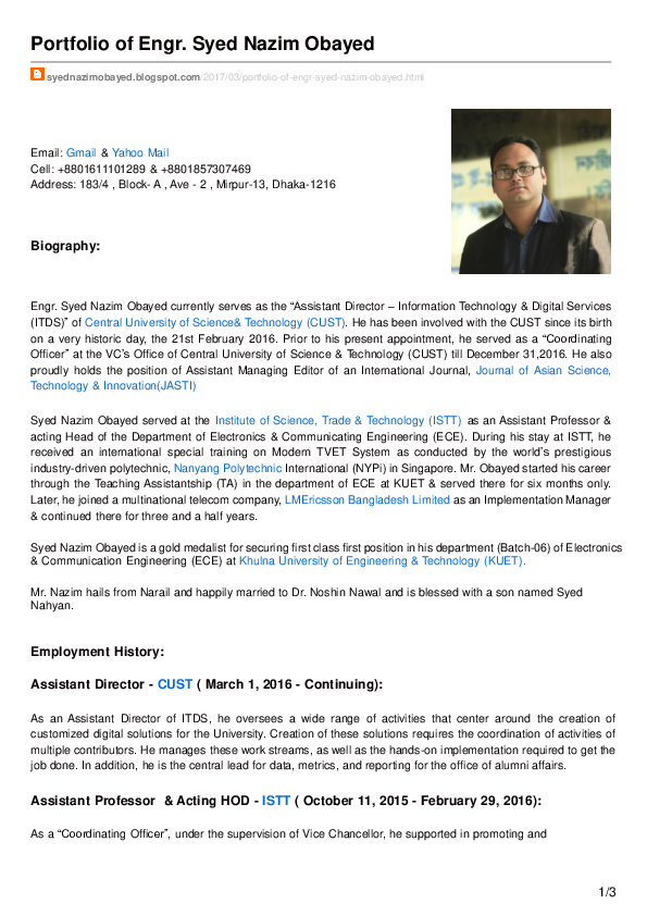 (PDF) Portfolio of Engr. Syed Nazim Obayed