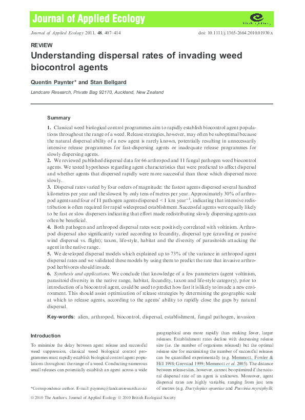 (PDF) Understanding dispersal rates of invading weed biocontrol agents