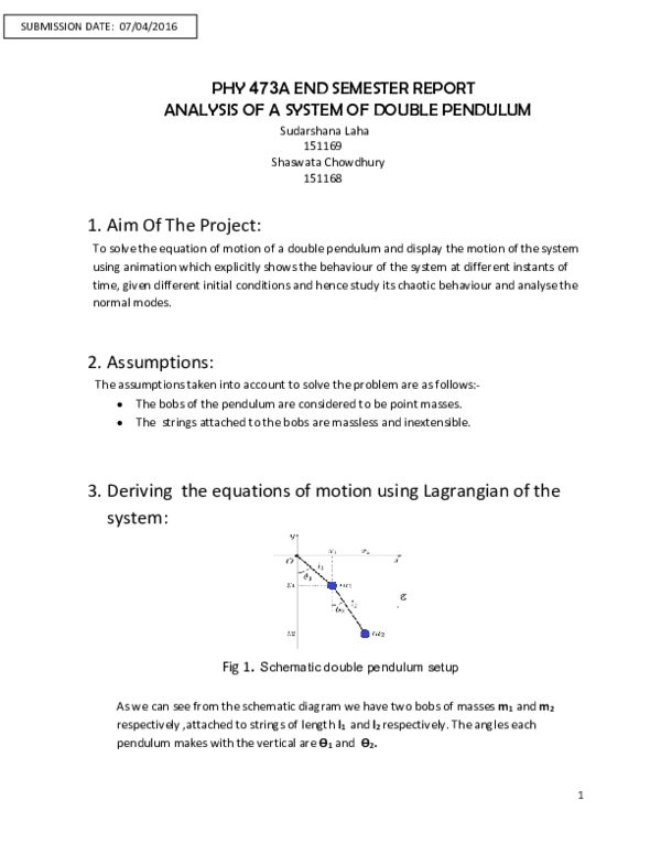 (PDF) ANALYSIS OF A SYSTEM OF DOUBLE PENDULUM