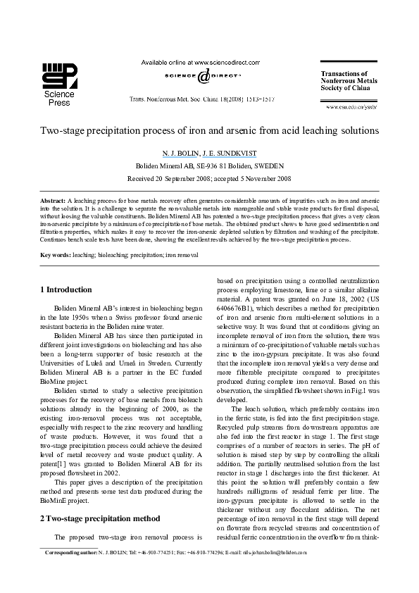 (PDF) Two-stage precipitation process of iron and arsenic from acid ...