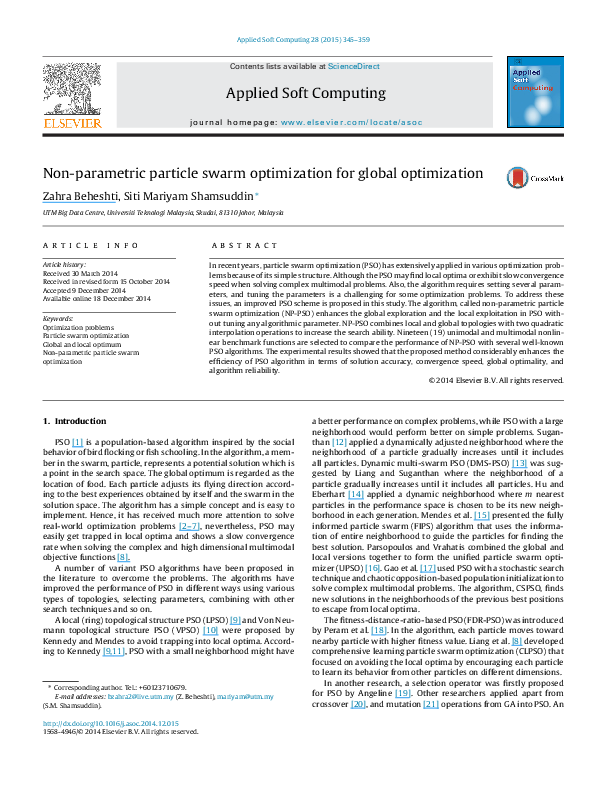 Pdf Non Parametric Particle Swarm Optimization For Global Optimization