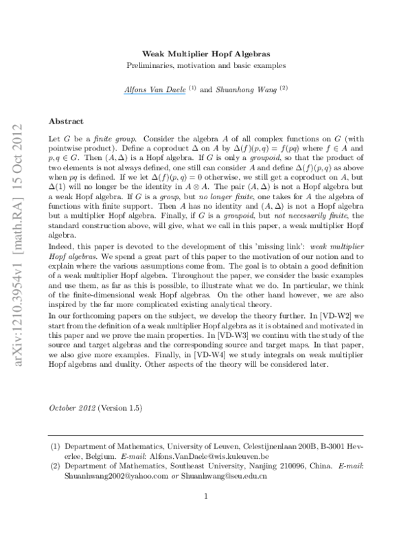 (PDF) Weak multiplier Hopf algebras. Preliminaries, motivation and ...