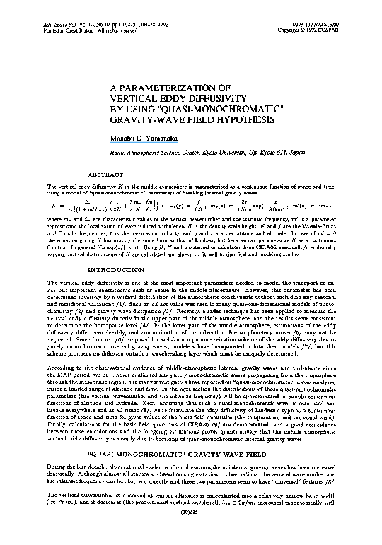 (PDF) A parameterization of vertical eddy diffusivity by using “quasi-monochromatic” gravity ...