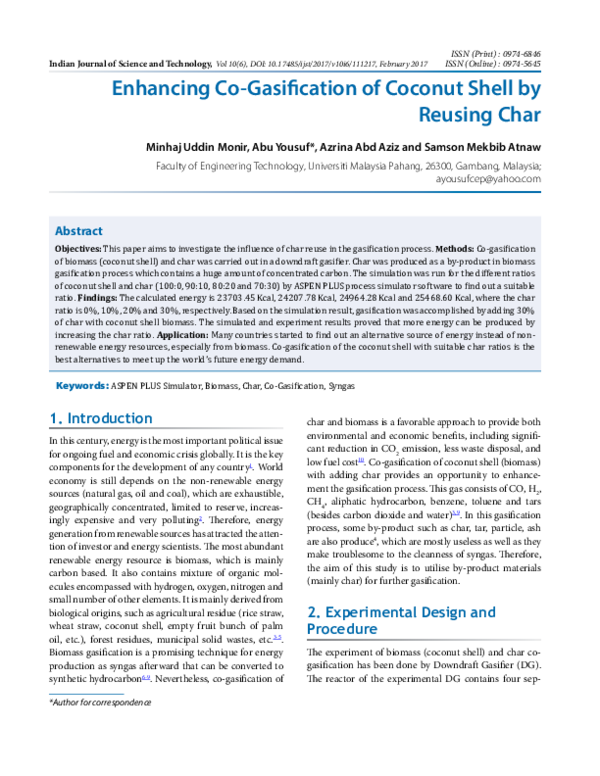 (PDF) Enhancing Co-Gasification of Coconut Shell by Reusing Char