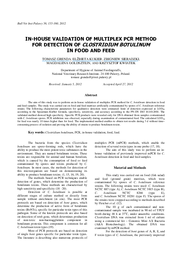 (PDF) In-House Validation of Multiplex PCR Method for Detection of Clostridium Botulinum in Food ...