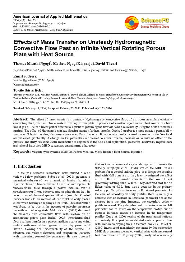 (PDF) Effects of Mass Transfer on Unsteady Hydromagnetic Convective Flow Past an Infinite ...