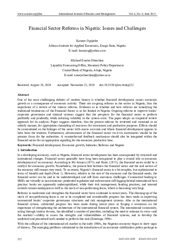 (PDF) Financial Sector Reforms in Nigeria: Issues and Challenges