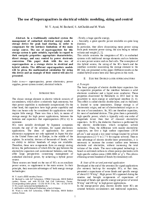 Pdf The Use Of Supercapacitors In Electrical Vehicle Modeling Sizing And Control