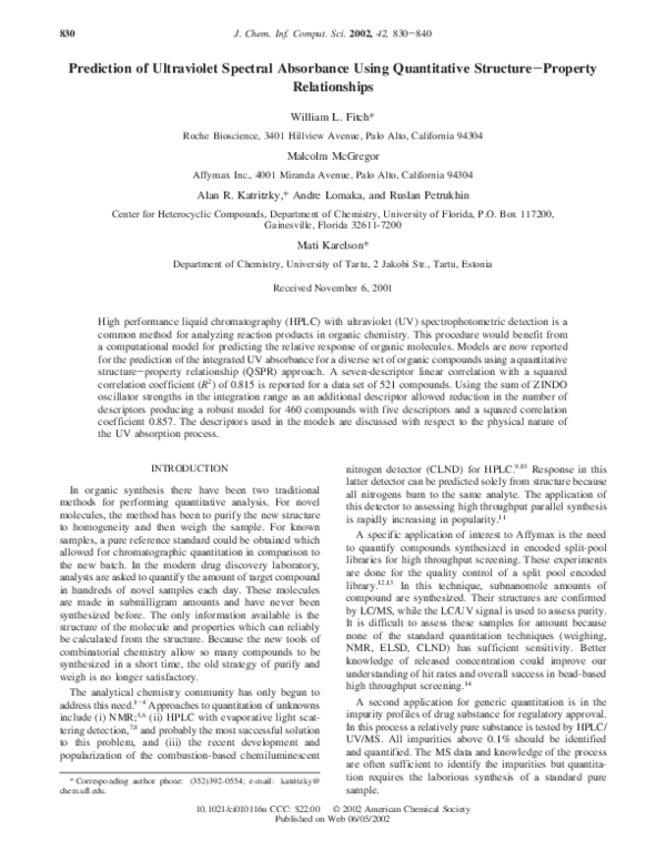 Pdf Prediction Of Ultraviolet Spectral Absorbance Using Quantitative Structure Property
