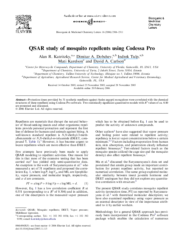 (PDF) QSAR study of mosquito repellents using Codessa Pro