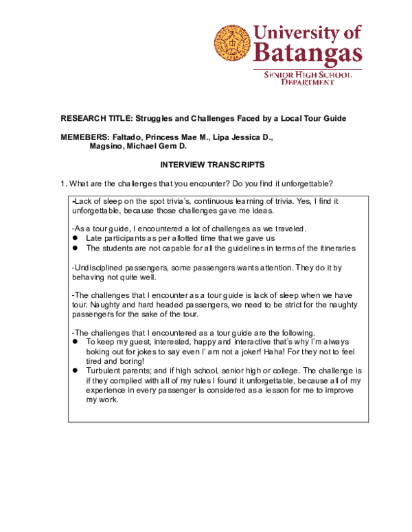 (DOC) RESEARCH TITLE: Struggles and Challenges Faced by a Local Tour Guide