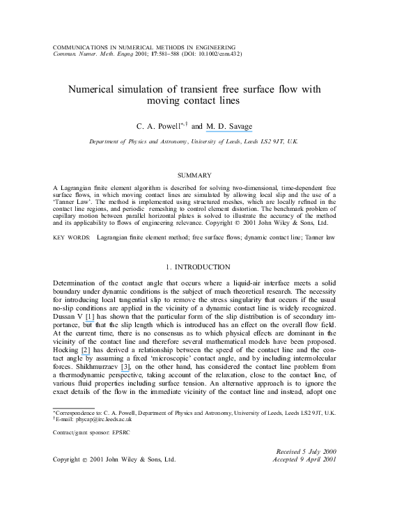 Pdf Numerical Simulation Of Transient Free Surface Flow With Moving