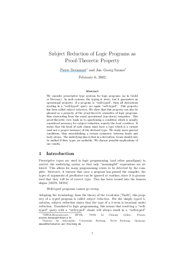 (PDF) Subject reduction of logic programs as proof-theoretic property
