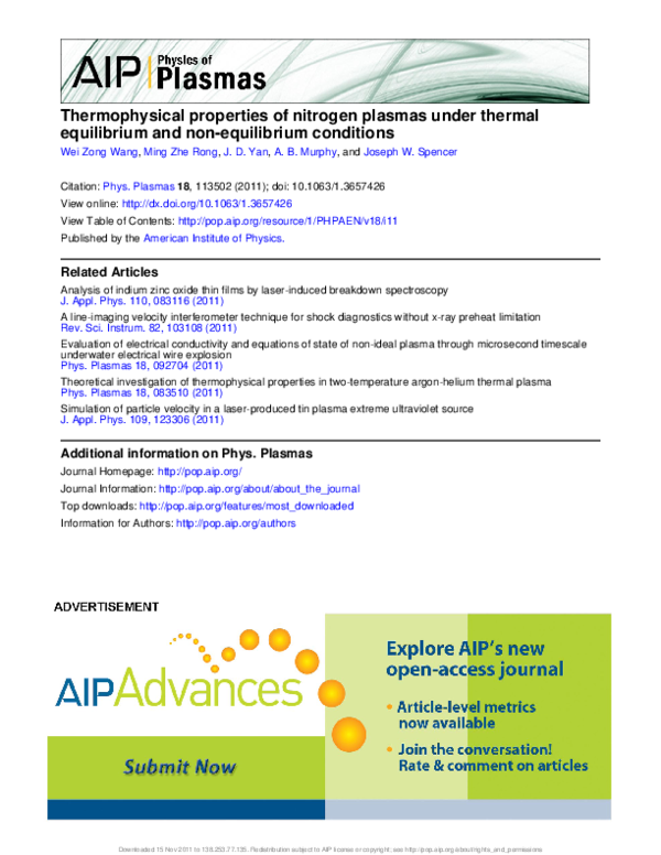 (PDF) Thermophysical properties of nitrogen plasmas under thermal ...