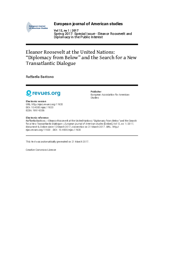 (PDF) Eleanor Roosevelt at the United Nations: “Diplomacy from below ...