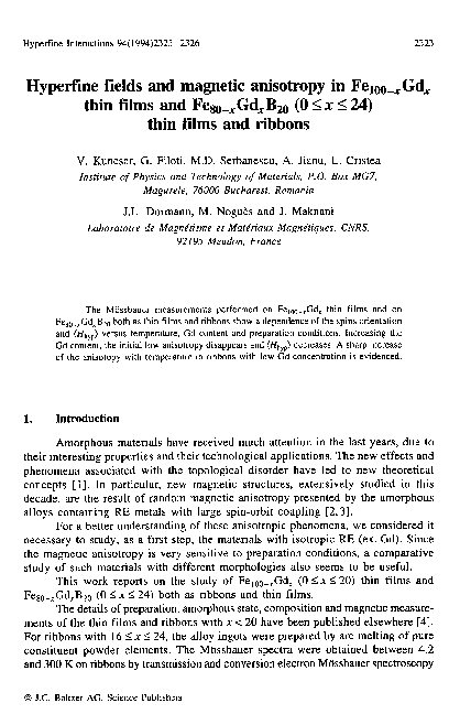(PDF) Hyperfine fields and magnetic anisotropy in Fe1000−x Gd x thin ...
