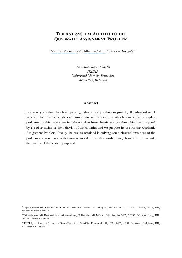 (PDF) The ant system applied to the quadratic assignment problem