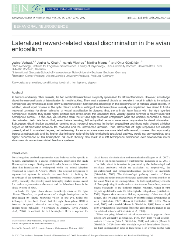 (PDF) Lateralized reward-related visual discrimination in the avian entopallium.