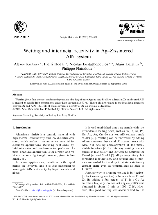 (PDF) Wetting and interfacial reactivity in Ag–Zr/sintered AlN system | Alexey Koltsov ...