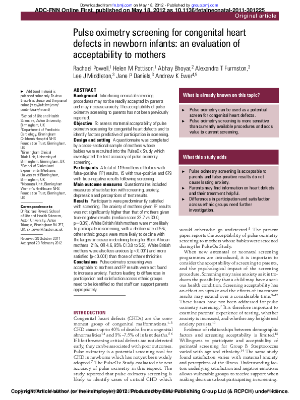 (PDF) Pulse oximetry screening for congenital heart defects in newborn ...