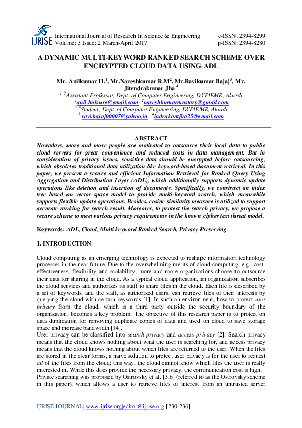 Pdf A Dynamic Multi Keyword Ranked Search Scheme Over Encrypted Cloud Data Using Adl Ijrise