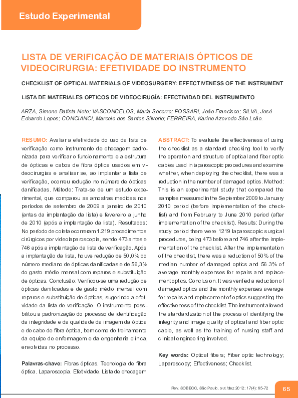 (PDF) LISTA DE VERIFICAÇÃO DE MATERIAIS ÓPTICOS DE VIDEOCIRURGIA ...