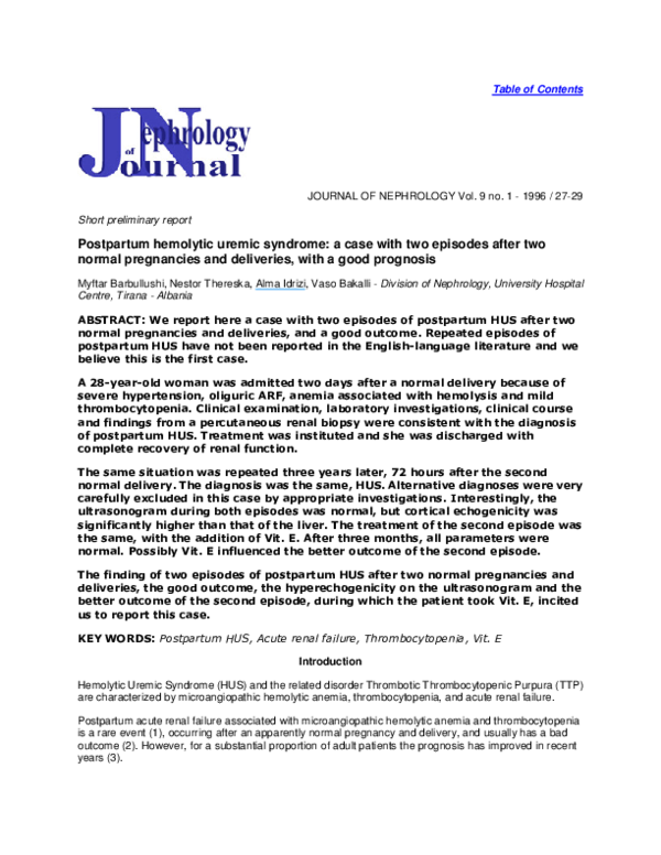 (PDF) Postpartum hemolytic uremic syndrome: A case with two episodes ...