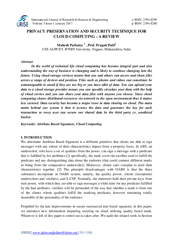 Pdf Privacy Preservation And Security Technique For Cloud Computing A Review