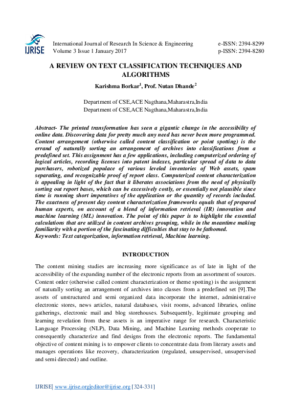 Pdf A Review On Text Classification Techniques And Algorithms