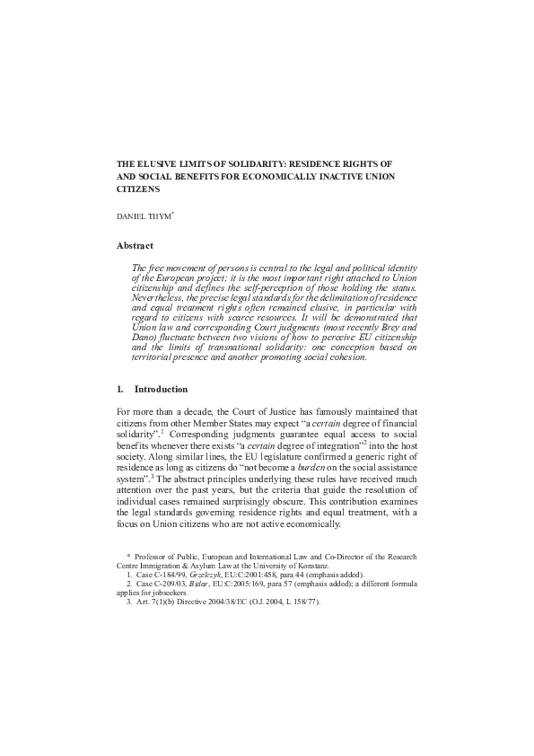 (PDF) ‘The Elusive Limits of Solidarity. Residence Rights of and Social ...