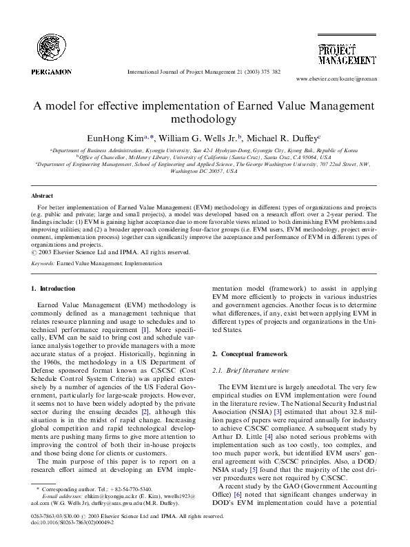 (PDF) A model for effective implementation of Earned Value Management ...